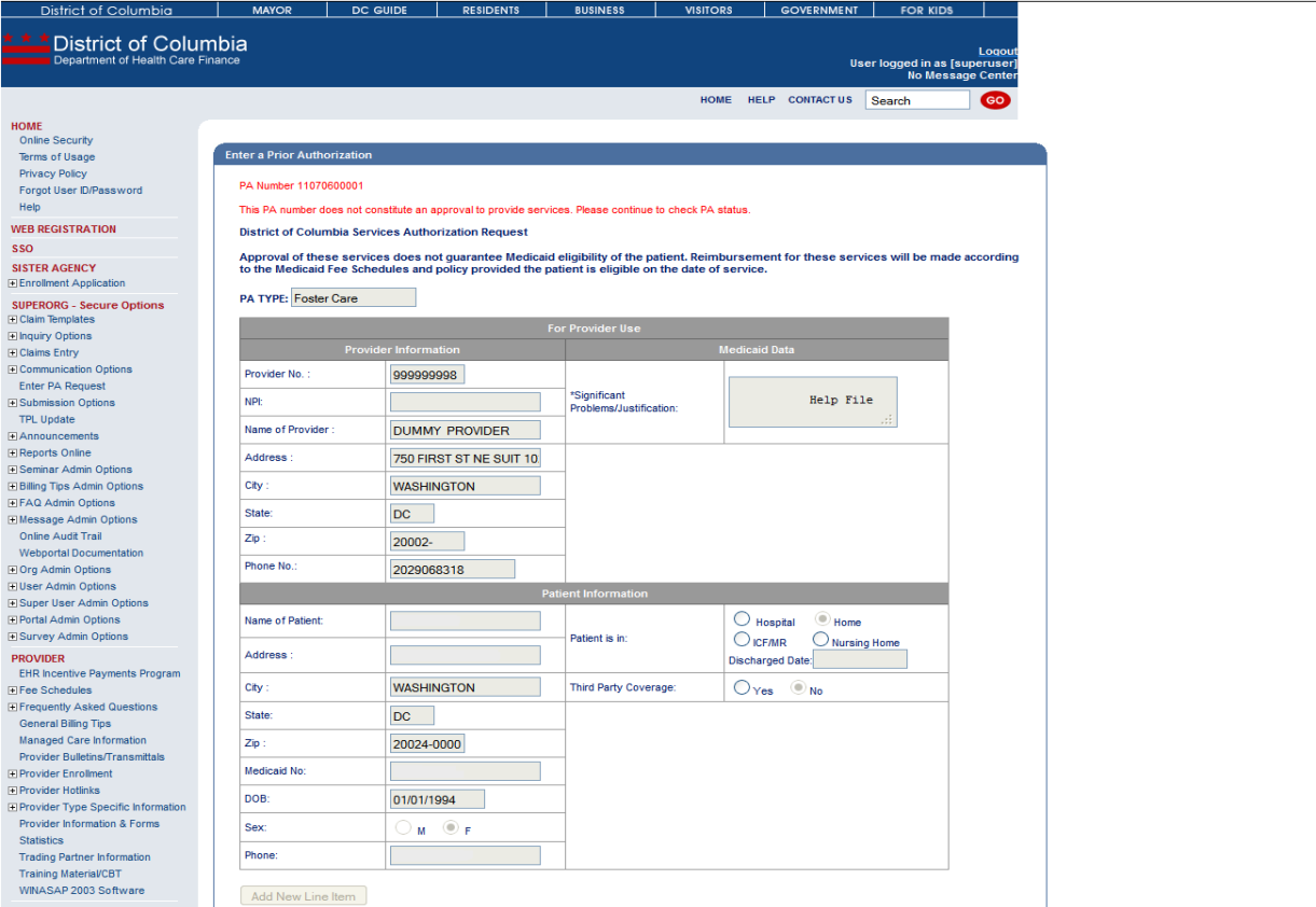 Entering a Prior Authorization Web Page